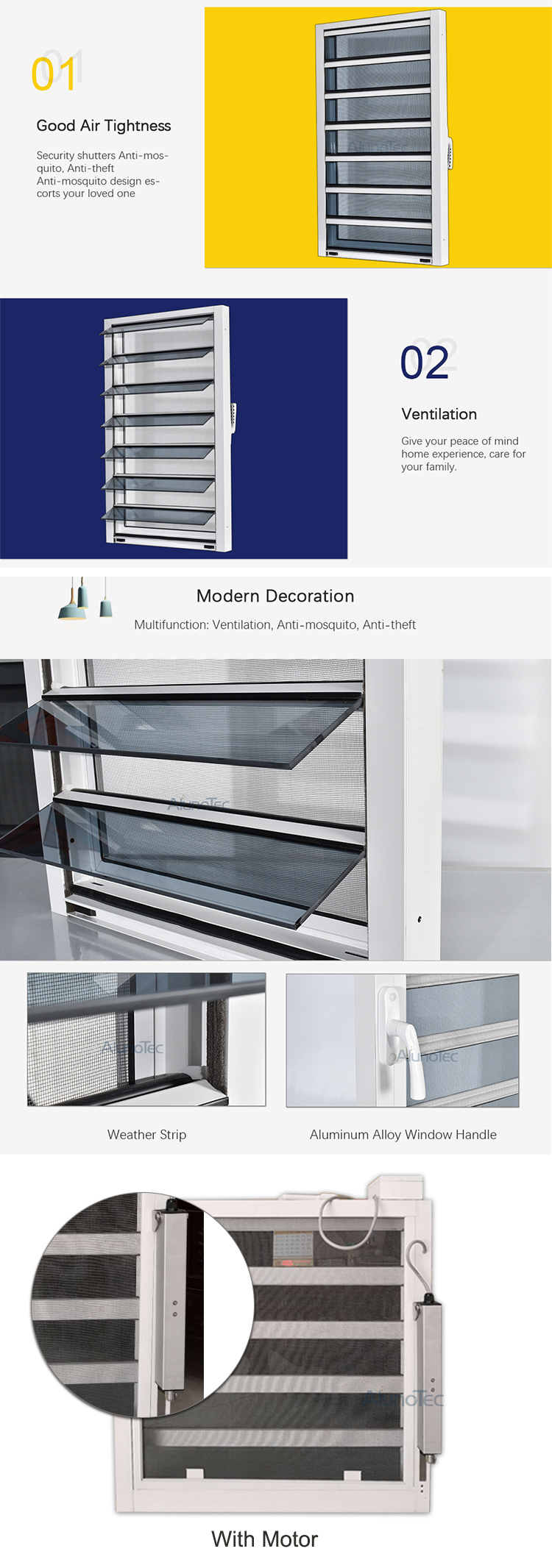 75 Series Aluminum Glass Shutter Louver Jalousie Window With Screen Net
